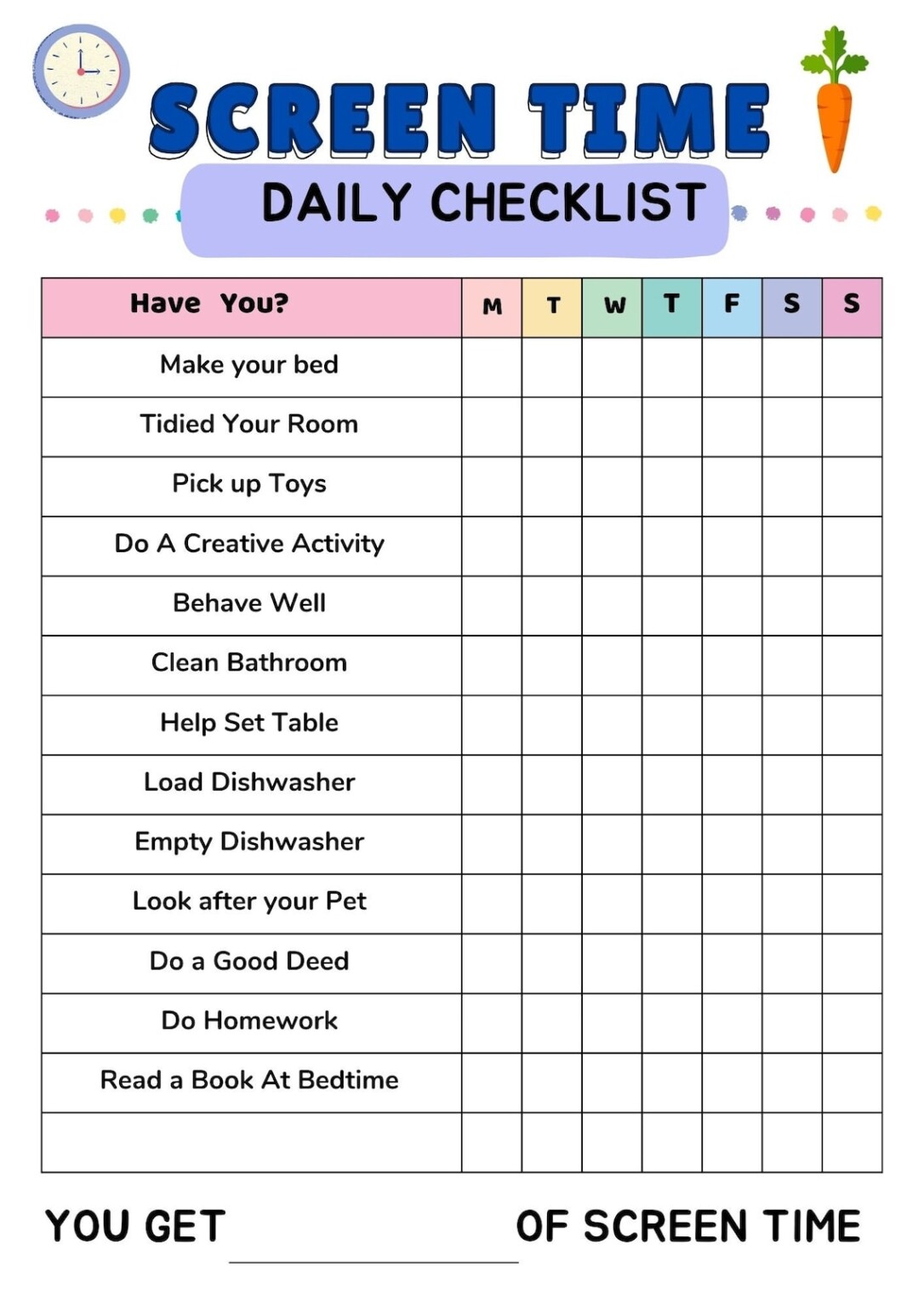 Screen Time Chore Chart - timechartprintables.com